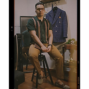 PJ PAUL JONES Mens Retro Striped Polo Shirt Short Sleeve Button Down Knitted Shirts Green M