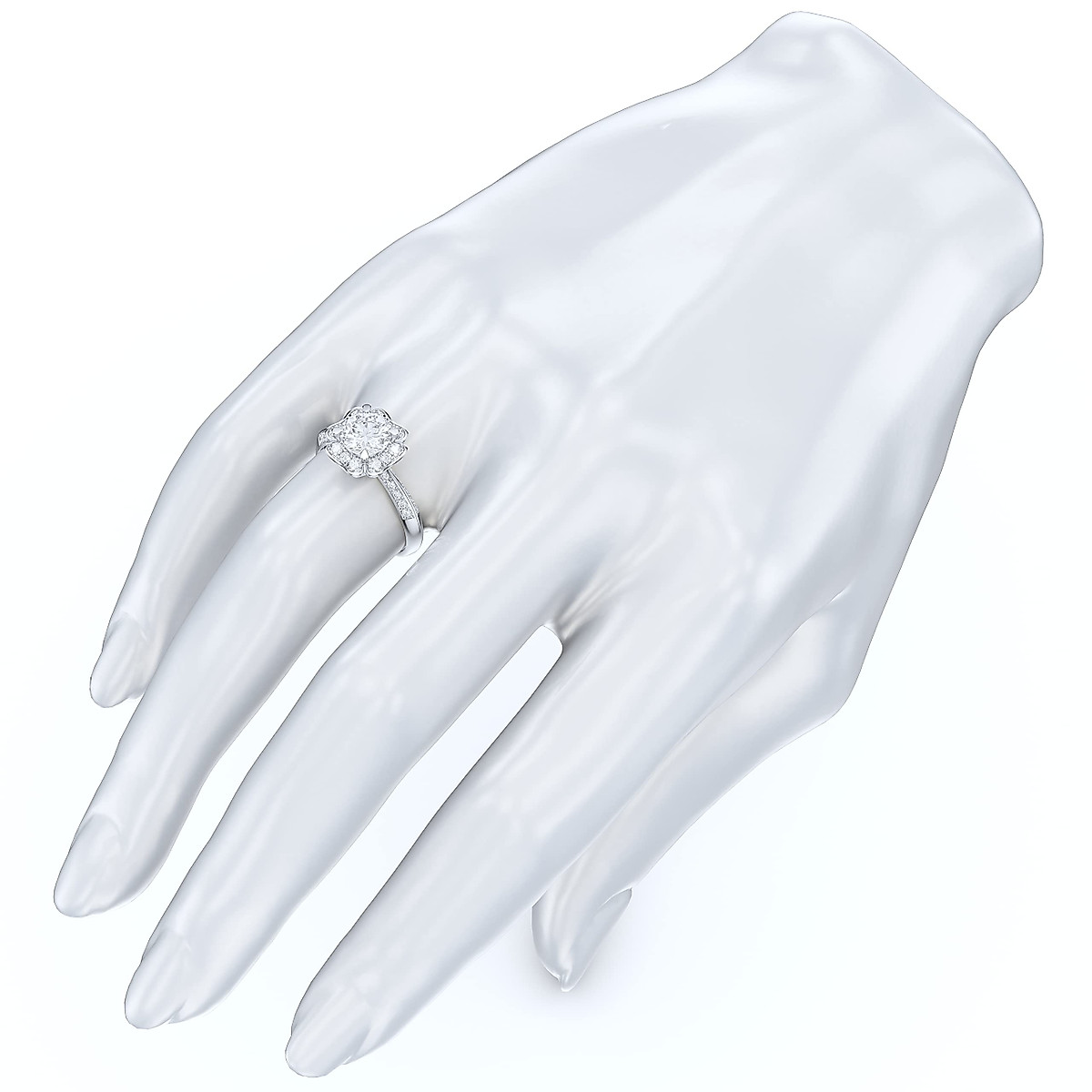 PRSTANI Real 10K White Gold Romantic Flower Like Clovers Halo 4-Prong Set 1.0 CT Simulated Diamond Engagement Ring (8)