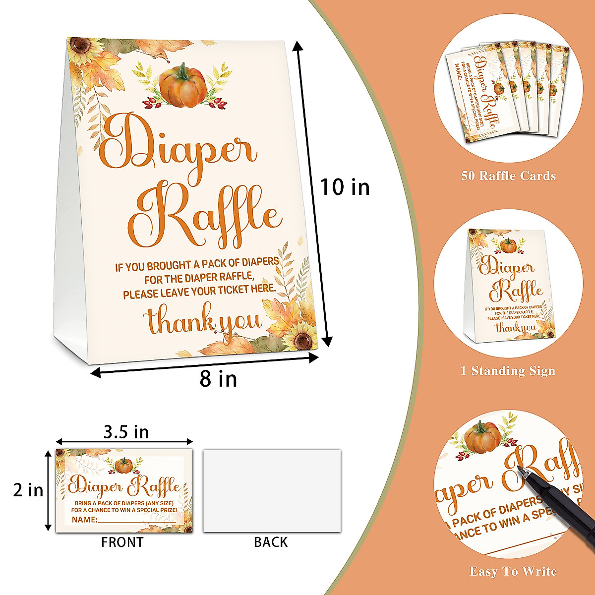 Diaper Raffle Baby Shower Game Set (1 Standing Sign + 50 Guessing Cards), Happy Fall Thanksgiving Day Diaper Raffle Tickets for Baby Shower, Autumn Little Pumpkin Baby Shower Party Favor Decor (C02)