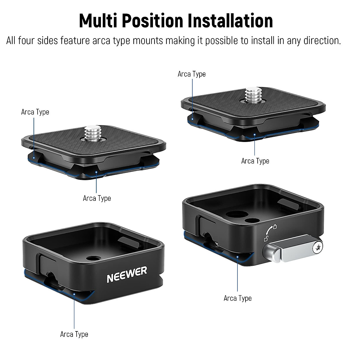 NEEWER Arca Type Quick Release Plate Kit, Four Side Slot Compatible with Arca Swiss Camera Mount Adapter with 1/4” 3/8" Threads for Gimbal Stabilizer Tripod Head Slider, Max Load 17.6lb/8kg, CA009