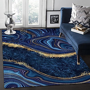 Nordic Navy Blue Gold Marble Area Carpet, Luxury Abstract Stain Resistant Living Room Rug, Soft Rug Breathable Non-Shedding Washable for Bedroom Living Room Boy Girl Decor(4x6ft