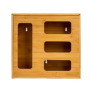 Common Goods Bamboo storage bag organizer. Holds Gallon, Quart, Sandwich and Snack sized bags. Has mounting holes and slip free rubber feet