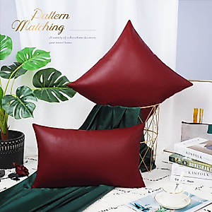 BRAWARM Faux Leather Throw Pillow Covers 20 X 20 Inches - Deep Red Leather Pilow Covers Pack of 2, Solid Dyed Leather Pillowcases for Couch Bed Sofa Garden Home Decorative