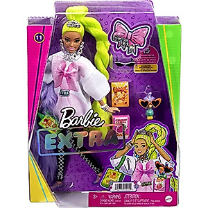 Barbie Extra Doll and Barbie Accessories with Neon Green Hair, Feather Boa and Pet Parrot