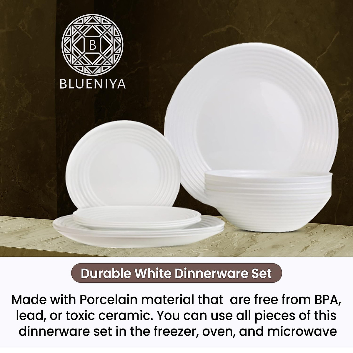 Blueniya 12 Piece White Opal Dinnerware Set, Opal Dinner Set, Kitchen Non-Toxic, Scratch & Chip Resistant, Microwave, Dishwasher Safe - 4pc Dinner Plate, 4pc Salad Plate, 4pc Cereal Bowl