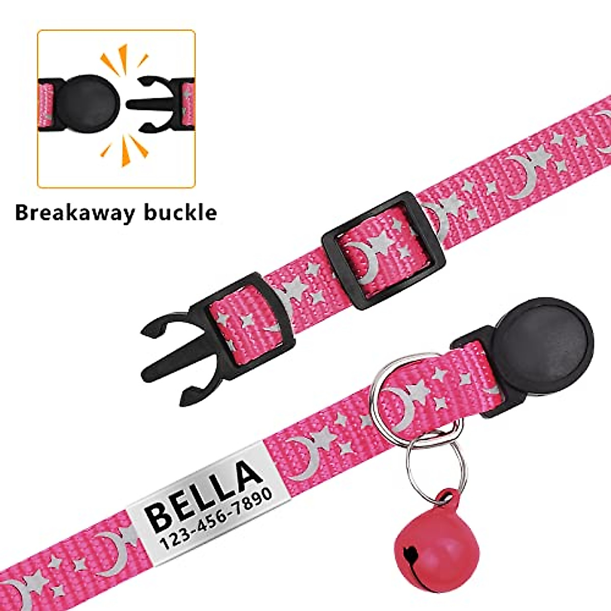 LaReine 2 Pack Cat Collar Personalized, Breakaway Kitten Collar with Phone and Name tag, Cat Collars Reflective with Bell for Girls & Boys (7.5"-12.5" Neck, Hot Pink)