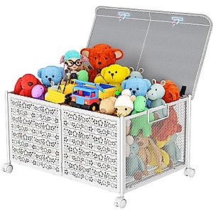 PHINOX Toy Box Storage, Toy Chest Toy Organizers and Storage Bins, Large Toy Box for Boys Girls, 70L Toy Storage Organizer with Wheels, Collapsible Metal Kids Toy Storage for Nursery, Playroom(White)