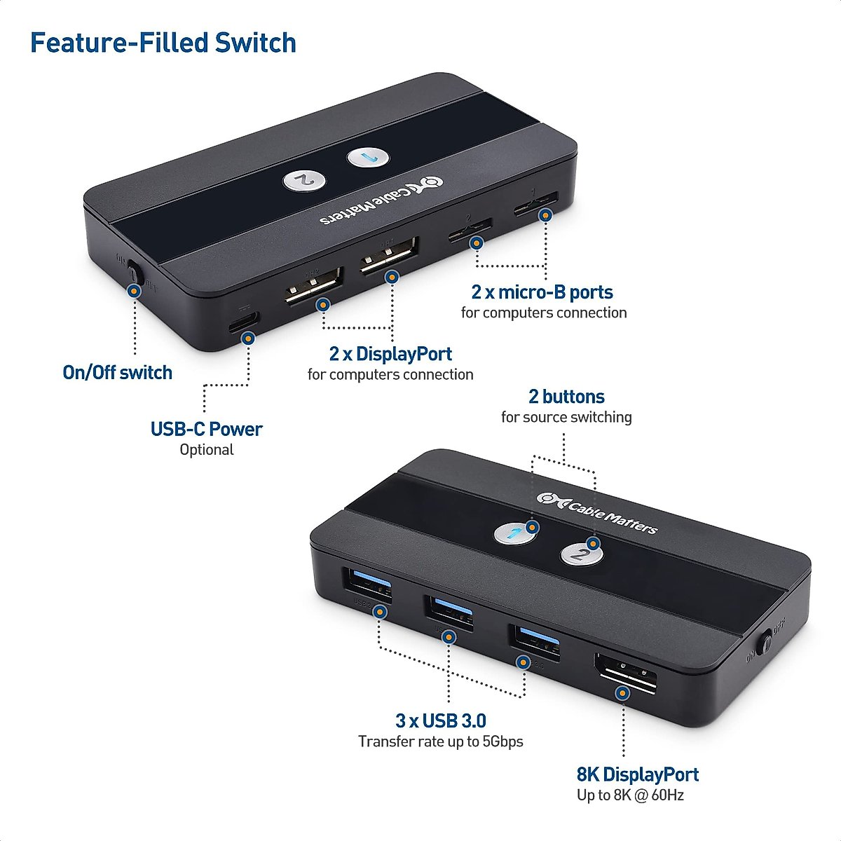 Cable Matters USB 3.0 KVM Switch DisplayPort 1.4 for 2 Computers and USB C Hub DisplayPort 1.4 Bundle