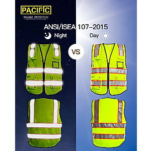 PACIFIC 10 Pockets Safety Vest for Men, 3M High Visibility Reflective Strips with Pockets and Zipper, ANSI Class 2, Yellow, X-Large