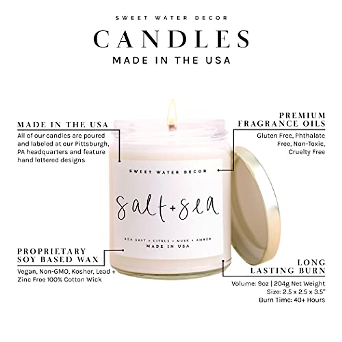 Sweet Water Decor Salt and Sea Candle | Sea Salt, Citrus, Amber, Musk, Beach Scented Soy Candles for Home | 9oz Clear Jar, 40 Hour Burn Time, Made in The USA