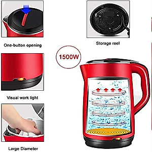 MDRBB Electric Kettle， Stainless Steel Tea Kettle, 1500W Fast Boiling Cordless Water Kettle, Electric Hot Water Kettle Tea Heater 2L with Auto Shut-Off, for Coffee, Tea, Beverages/Red/18 * 18 * 23Cm