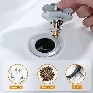 𝐓𝐈𝐎𝐑𝐈𝐘 Universal Bathroom Sink Stopper - 1.1~1.5" Sink Drain Stopper, Full-Size Bounce Bullet Type Pop Up Basin Drain Strainer, Chrome Anti-Clogging Sink Drain Filter with Hair Catcher (Silver)