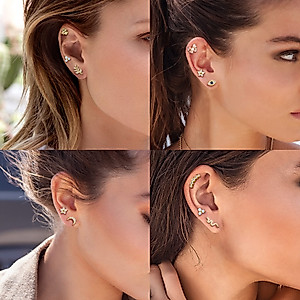 FUNRUN JEWELRY 9Pcs 16G Cartilage Stud Earring for Women Stainless Steel Top Screw Flat Back Earrings Butterfly Moon Flower CZ Cartilage Earrings Helix Tragus Piercing Jewelry, Length: 6MM, Metal,