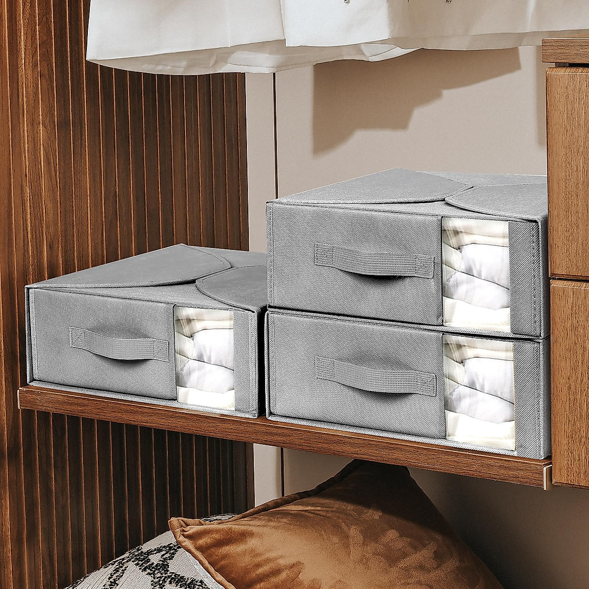 DIMJ Bed Sheet Organizers and Storage 8 Pack, Foldable Sheet Organizer for Linen Closet, Bedding Folder Storage Box with Window XL (Queen & King Size) for Blanket, Duvet Cover Set, Bed Sheet Set