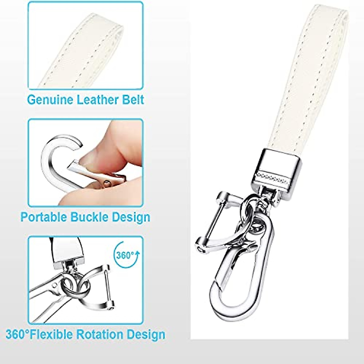 QBUC Genuine Leather Car Keychain,Universal Heavy Duty Metal Key Chain Accessories,Car Fob Key Keychain Holder with 360 Degree Rotatable Snap Swivel and Anti-Lost D-Ring for Men Women（White）