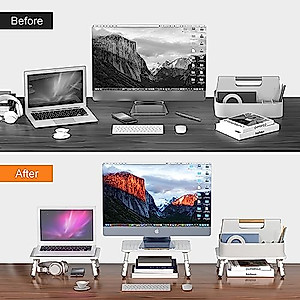 Bracwiser Foldable Monitor Riser Metal Computer Stand for Desk 3 Height Adjustable Laptop Stand with Pen Storage, White, MST013W