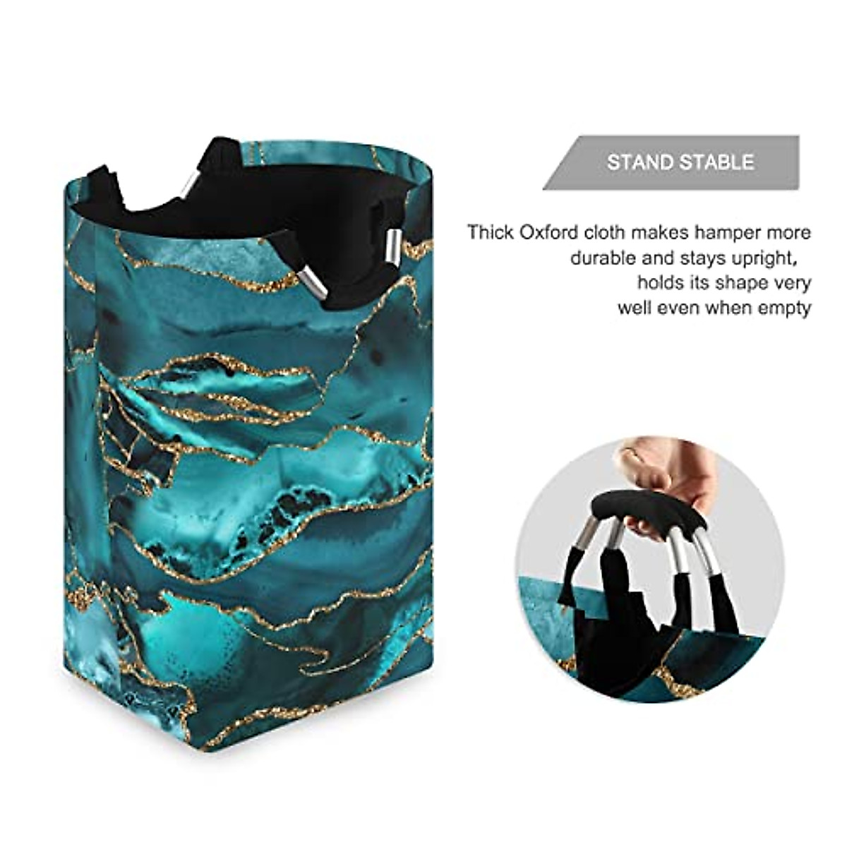 Teal Blue and Gold Laundry Basket, Waterproof Laundry Hamper, Laundry Bag with Padded Handles, Clothes Hamper Stands Up Well, Collapsible Laundry Basket Easy Storage