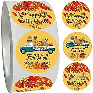 Happy Fall Y'all Stickers Thanksgiving Stickers Label 1.5 Inch - Autumn Theme Pumpkin Design Thank You Labels for Party Favors,Envelope Seals & Goodie Bags 500 Pcs/Roll Harvest Pumpkin Party stickers