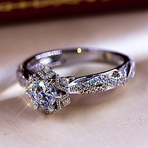 JESMING 925 Sterling Silver Plated Diamond Ring Hollow Out Flower Ring Cz Simulated Diamond Star Ring Crystal Rings Delicate Everyday Ring for Women (Silver, 7)