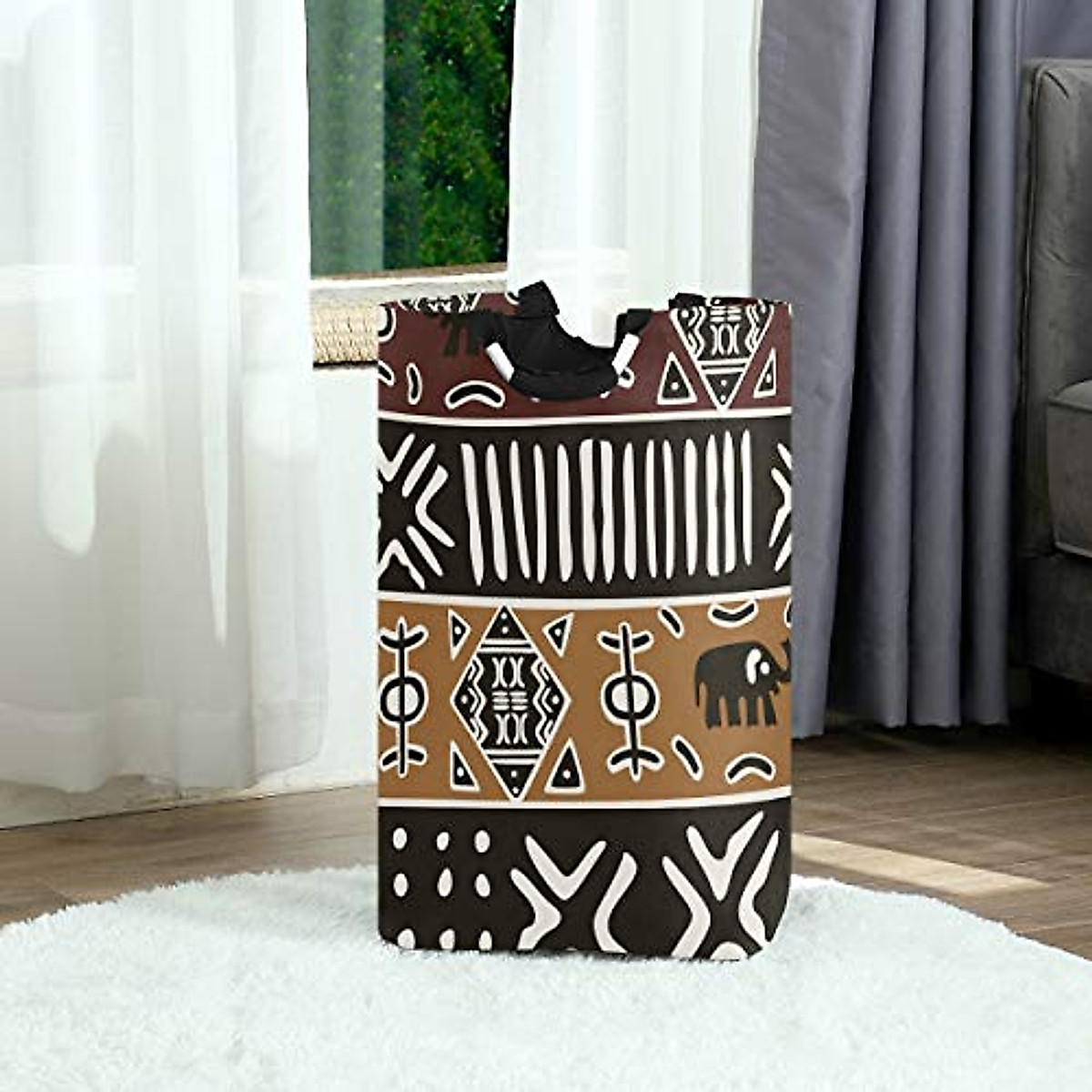 Ruio Laundry Hamper Basket Storage Bag Foldable Clothes Bag African Mud Cloth with Elephants Folding Washing Bin Clothes Hamper Large Basket