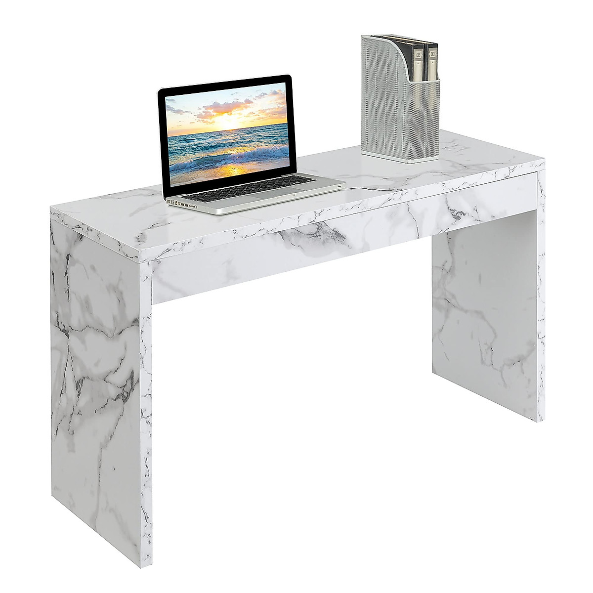 Convenience Concepts Northfield Hall Console Desk Table, White Faux Marble & Xtra Storage 3 Door Cabinet with Shelf, White Faux Marble