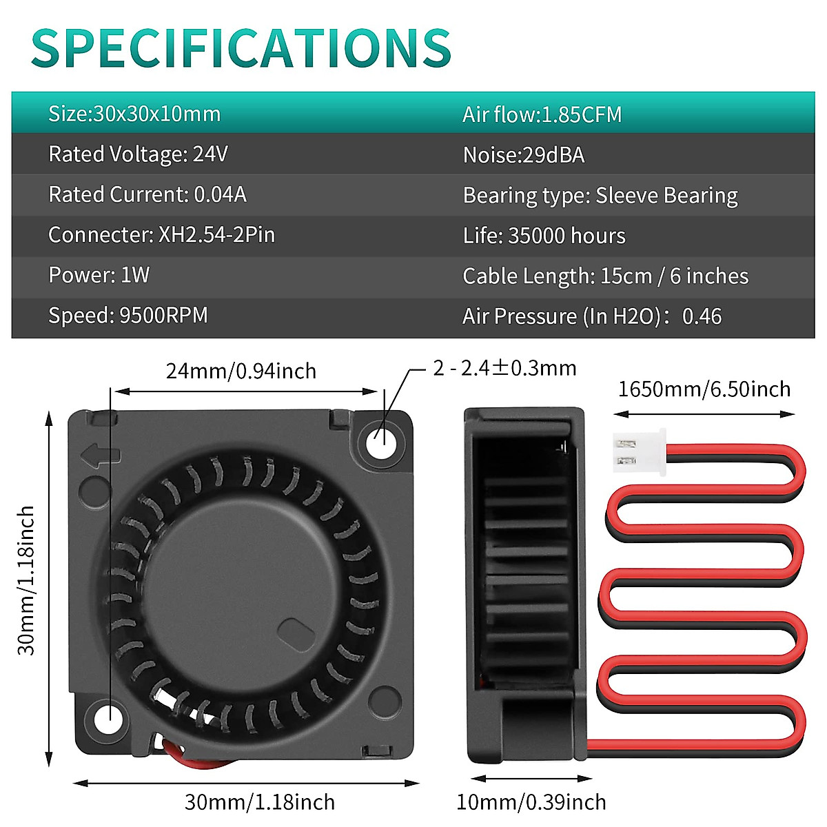 2Packs Wathai 30mm 24V Blower Fan Brushless Exhaust Fan 2pin 30 x 30 x 10mm for DIY Cooling Single Board Computer, Custom Setu, Hotend