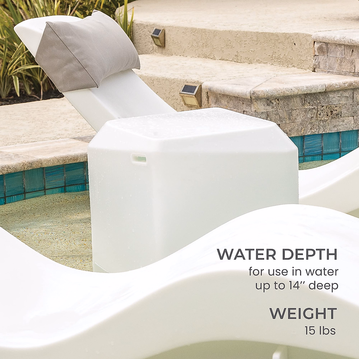 Aqua Outdoors in-Pool DEEP Ledge Chaise Set - Two Chaises - Two Headrest Pillows - Two Chaise Risers and One Large in Pool Side Table - for ledges 9"-14" inches Deep (Classic White-Blue)