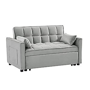 DHHU 52" Sleeper Couch Convertible Sofa Bed, 3 in 1 Velvet Loveseat Pull Out Bed, Reversible Couch with Toss Pillows and Pockets, 2-Seat Adjustable Backrest Full Size Sofa for Living Room Furniture