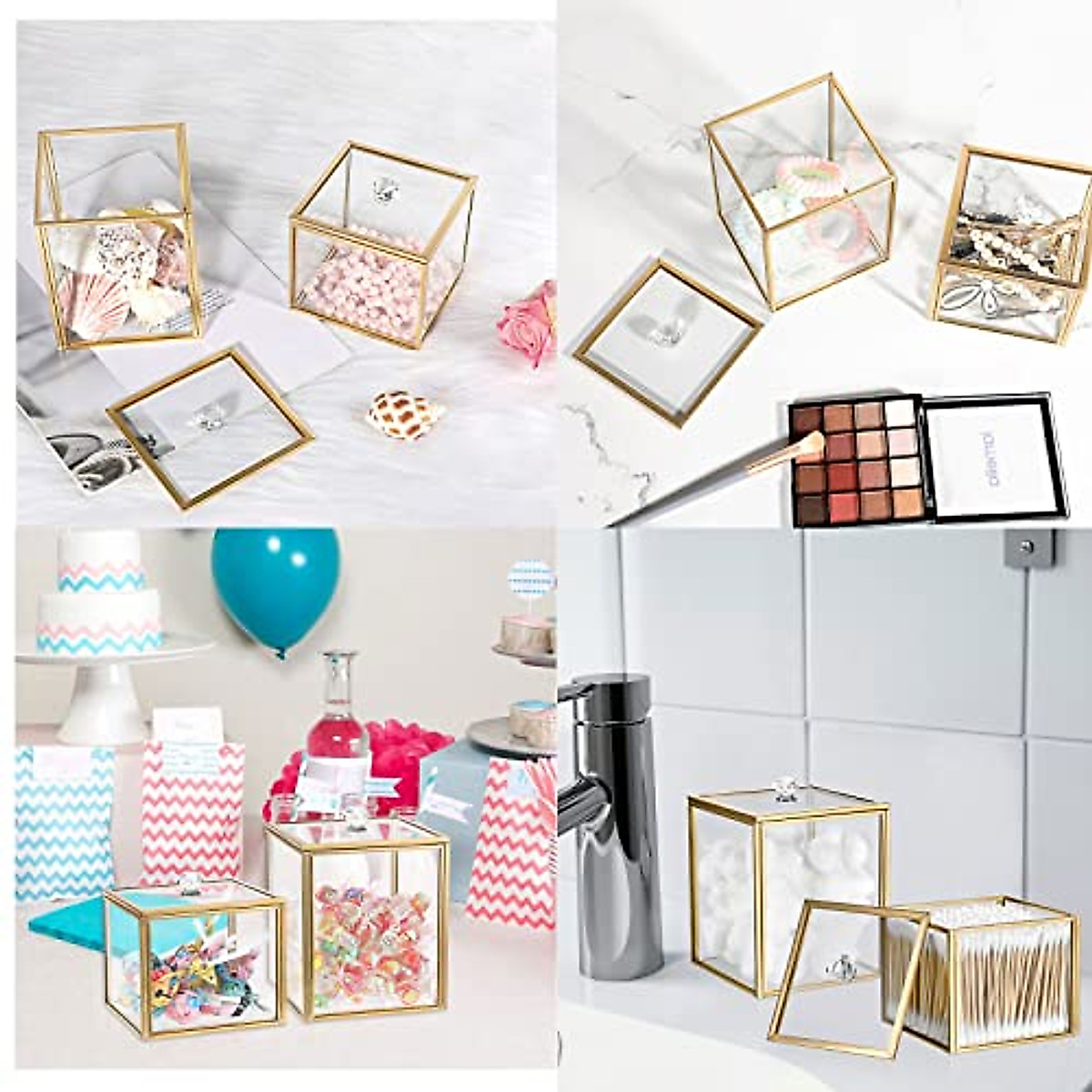 Hipiwe 2 Pack Glass Qtip Holder Dispenser With Lid Gold Bathroom Containers for Cotton Balls Makeup Sponges Bath Salts Candles Vanity Canisters Countertop Storage Organizer Jar