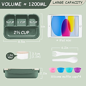 QQKO Bento Box Adult Lunch Box, Bento Box for Kids, 1200 ML Lunch Containers for Adults, Food Storage Container With 4 Compartments, Leak-Proof, Microwave, Dishwasher Safe, Green