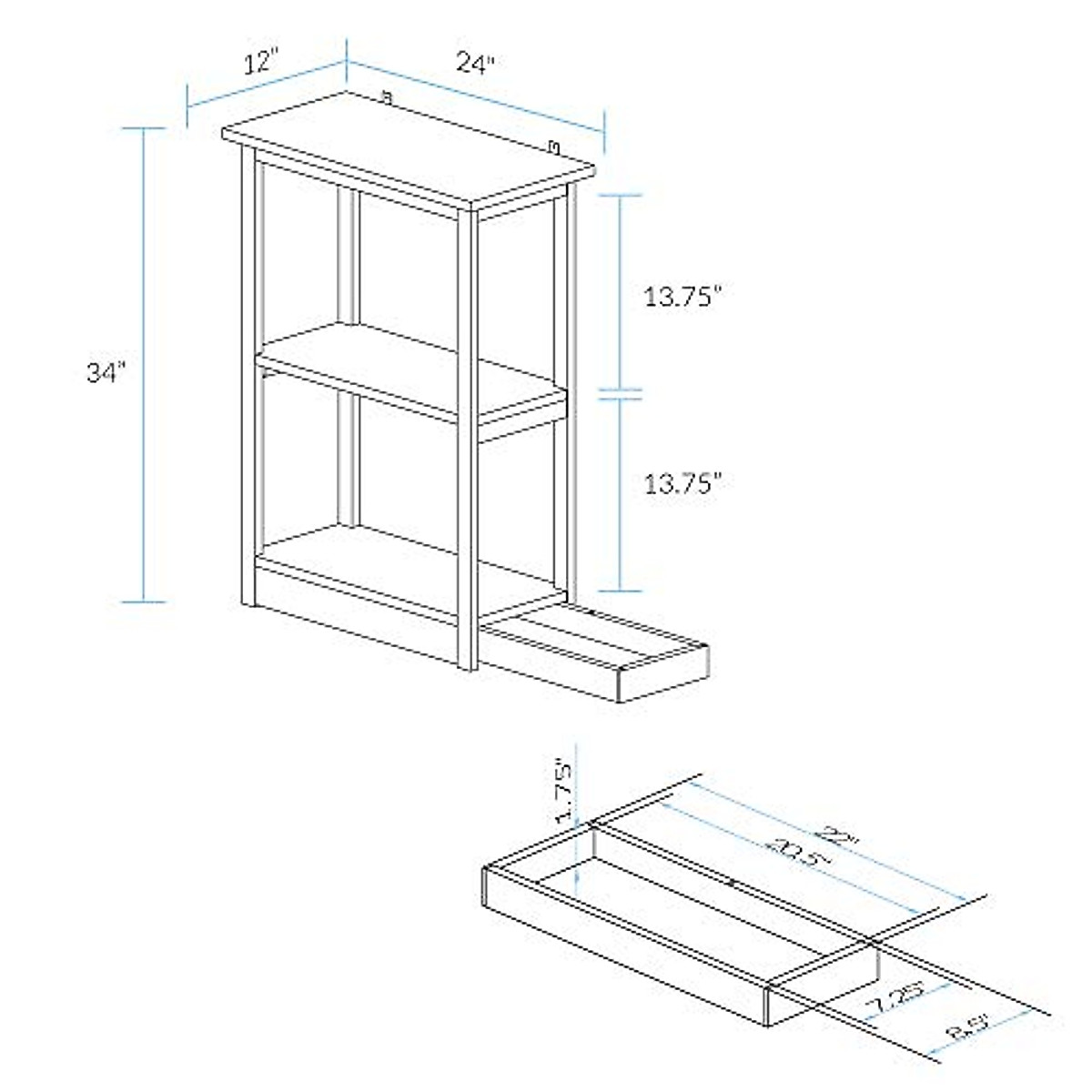 Casual Home Adams Bookcase Sliding Track, Concealment Furniture, White