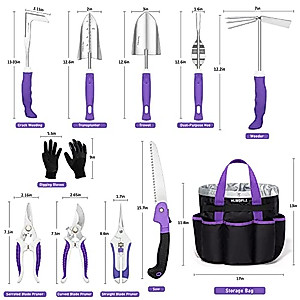 HLWDFLZ Purple Garden Tool Set Gardening Gifts for Women - 11PCS Heavy Duty Garden Tools with Detachable Storage Bag, Weeder, Dual-Purpose Hoe