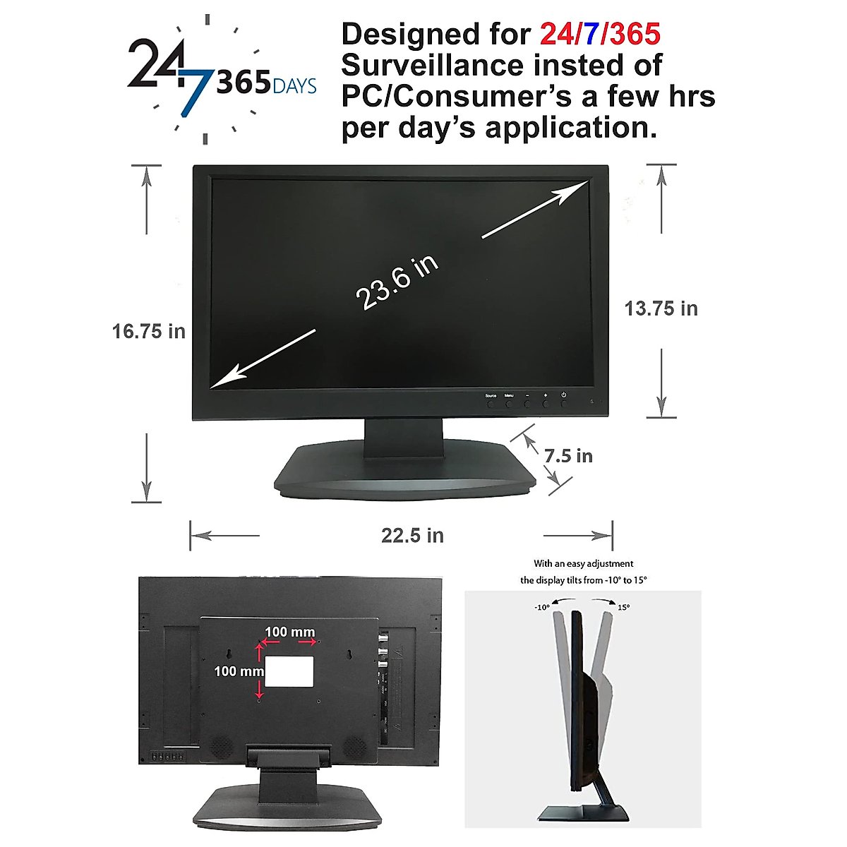 1stPV 23.6" Super HD 5MP 16:9 Professional Security Monitor, 1 HDMI, 2 BNC Inputs(HD-TVI/AHD/CVI/CVBS) & 2 BNC Outputs, Working with Super HD 5MP Security Cameras Directly in Addition to DVR/NVR & PC