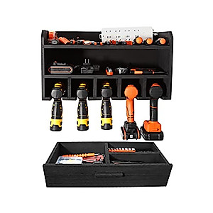 Shikha Power Tool Organizer Wall Mount,No Assemble Garage Storage Wooden Shelf with Cord Slots,Cordless Drill Holder Rack with Drawer for Garage Workshop