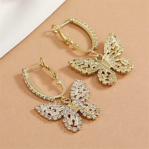 WASAIE Butterfly Hoop Dangling Earrings For Women,Crystal Rhinestone CZ Drop Earrings For Lady,Gold Plated Cubic Zirconia Earrings for Prom Wedding Brides