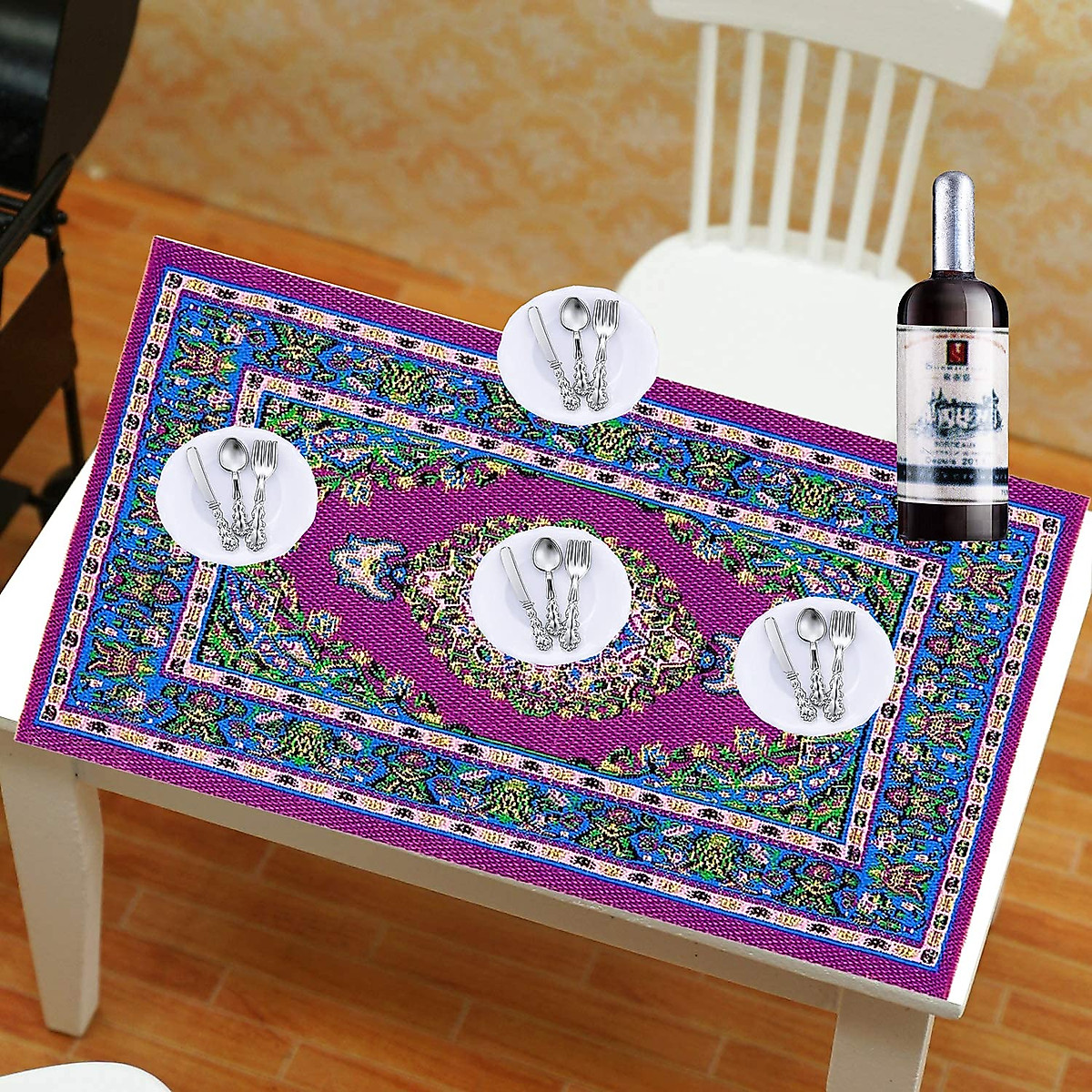 G0lden&Mang0 22Pcs Dollhouse Furniture Set, 112 Dollhouse Decoration 1Pc Wooden Dining Table and 4Pcs Chair, 1Pc Mini Carpet Turkey Rugs, 4Pcs Plates and 12Pcs Knives Forks Spoons for Kids Gift