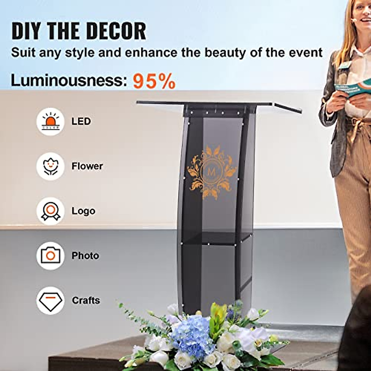 VEVOR Acrylic Podium, 47" Tall, Acrylic Podium Stand with Wide Reading Surface & Storage Shelf, Floor-Standing Clear Pulpits Acrylic for Church Office School, Black