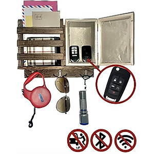 2-in-1 Anti-Theft Wall Mounted Key Holder and Mail Holder with Built-In RFID Box For Car Keys, Protect Your Vehicle From Keyless Theft, 3 Double Hooks, Rustic Decor for Entryway & Mudroom -- Brown