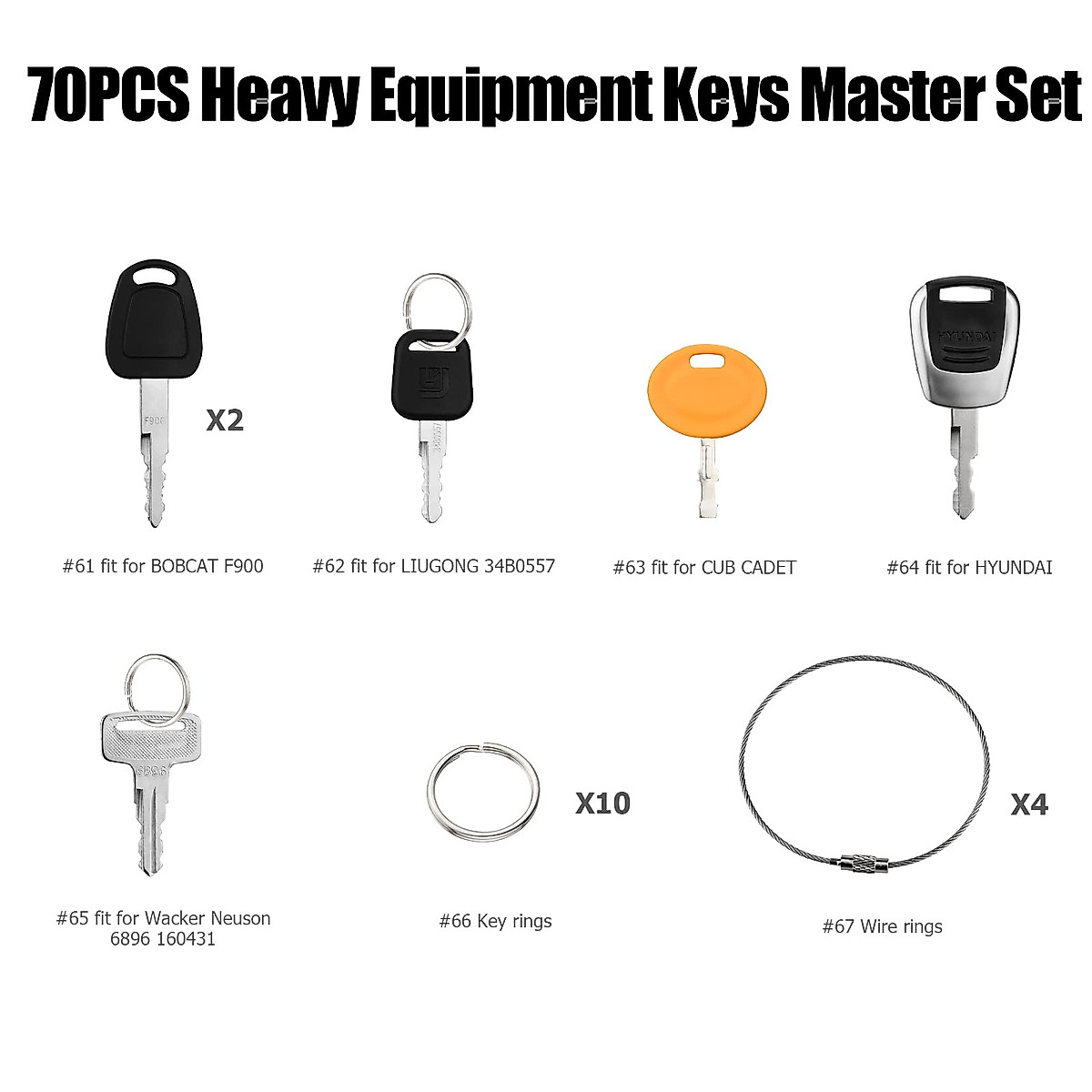 70 Heavy Equipment Keys Master Set, Construction Machinery Key for Cat Caterpillar John Deere Komatsu Volvo Bobcat Kubota JCB Sany Terex Case Hyster Yanmar Takeuchi New Holland Keys Heavy Equipment