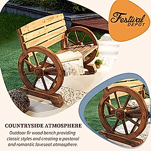 Festival Depot Wooden Wagon Wheel Bench Rustic Armrest Chair 2-Person Outdoor Patio Furniture Loveseat with Backrest, Slatted Seat for Garden Country Yard, Burnt-Finished