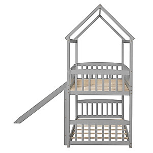 House Bunk Beds with Slide Twin Over Twin Floor Bunk Bed Frame Wood Playhouse Bunkbed with Storage for Kids Toddlers Girls/Boys, Gray