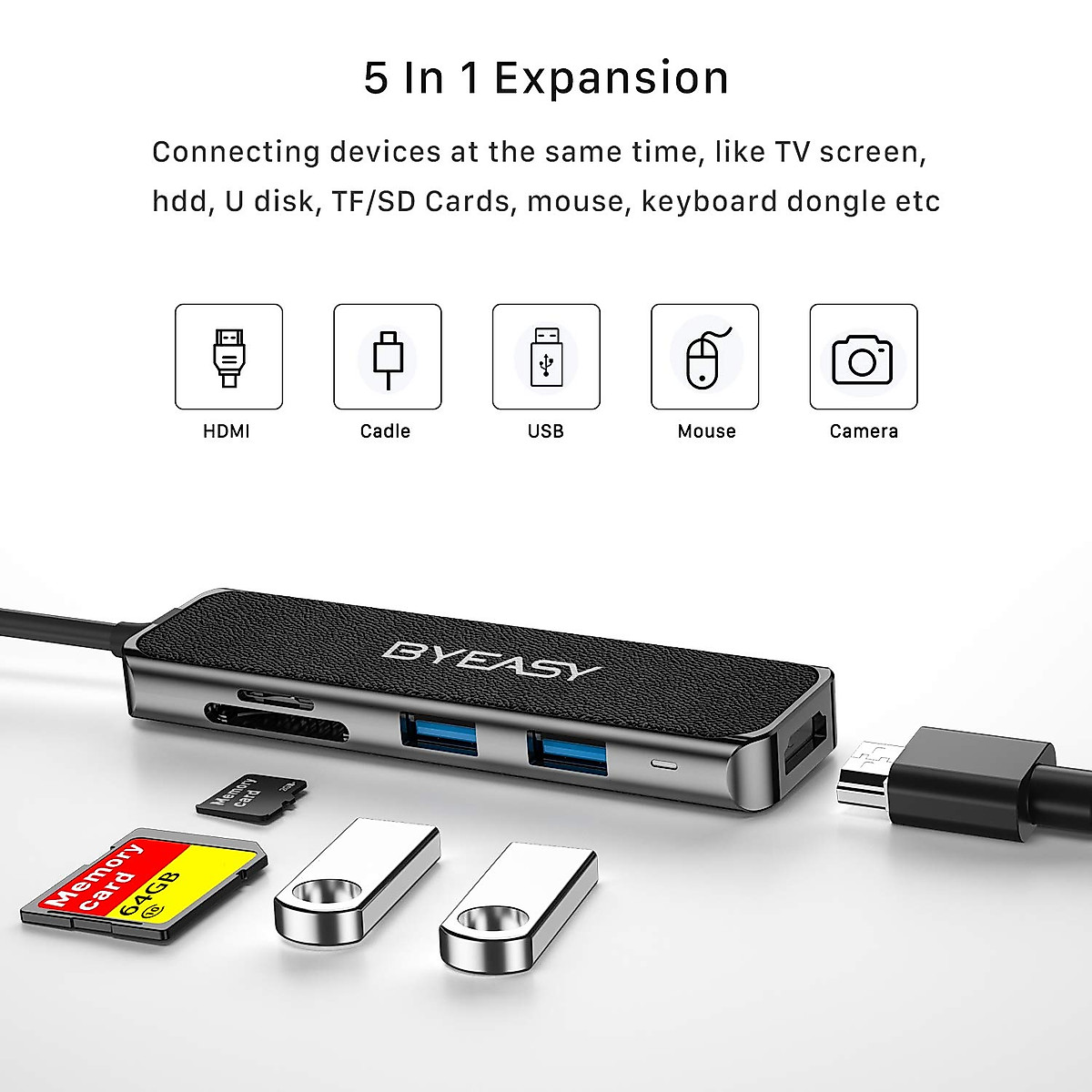 USB C Hub, BYEASY Zinc Alloy USB C Adapter Hub, with 4K HDMI Output, SD and microSD Card Reader, 2 USB 3.0 Ports for MacBook Pro 2019/2018/2017, iPad Pro 2019/2018, Pixelbook, XPS (UC-197)
