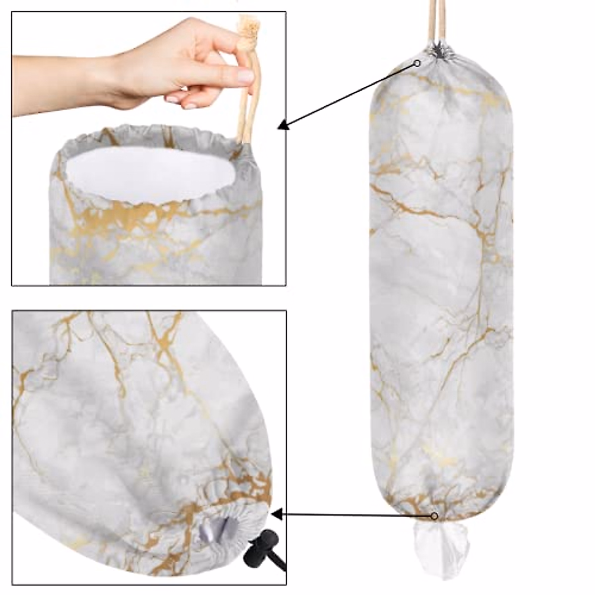 Marble Golden Plastic Bag Holder, Marble Texture Wall Mount Plastic Bag Organizer with Drawstring Grocery Shopping Bags Storage Dispenser for Home Kitchen Farmhouse Decor, 22X9 Inch