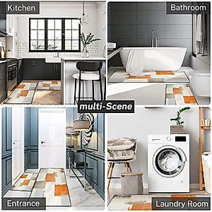 Tayney Orange Abstract Kitchen Rugs and Mats Non Skid Washable Set of 2, Beige Contemporary Painting Art Kitchen Runner Rug, Modern Brown Grey Under Sink Mats for Kitchen Floor Decor