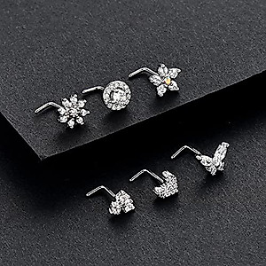 supsiah 20G L Shaped Nose Studs Surgical Stainless Steel CZ Nose Rings Studs Silver For Women Nose Piercing Jewerly 6PCS Sets (L Shaped)