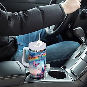 Jihqo Watercolor Fairy Castle 40 oz Stainless Steel Vacuum Insulated Tumbler with Handle and Straw Lid, Leakproof Water Bottle Double Wall Travel Mug Coffee Cup, Cupholder Friendly