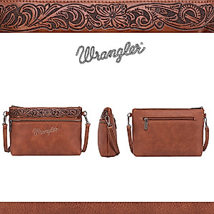 Wrangler Clutch Wristlet Purse Western Crossbody Bags Tooling Pattern Wallet for Women Cell Phone Purse,WG50-181BR