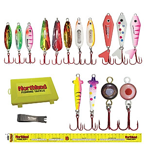 Northland Fishing Tackle Lake of The Woods Ice Fishing Spoon Kit - 15 per Kit - Assorted Colors and Sizes with Tackle Box