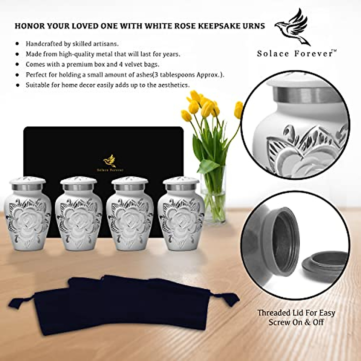 Rose Keepsake Urns for Human Ashes Set of 4 - White Rose Urns with Premium Box & Bags - Honor Your Loved One with Rose Cremation Urns - Small Urns for Ashes Keepsake - Mini Urns for Men & Women