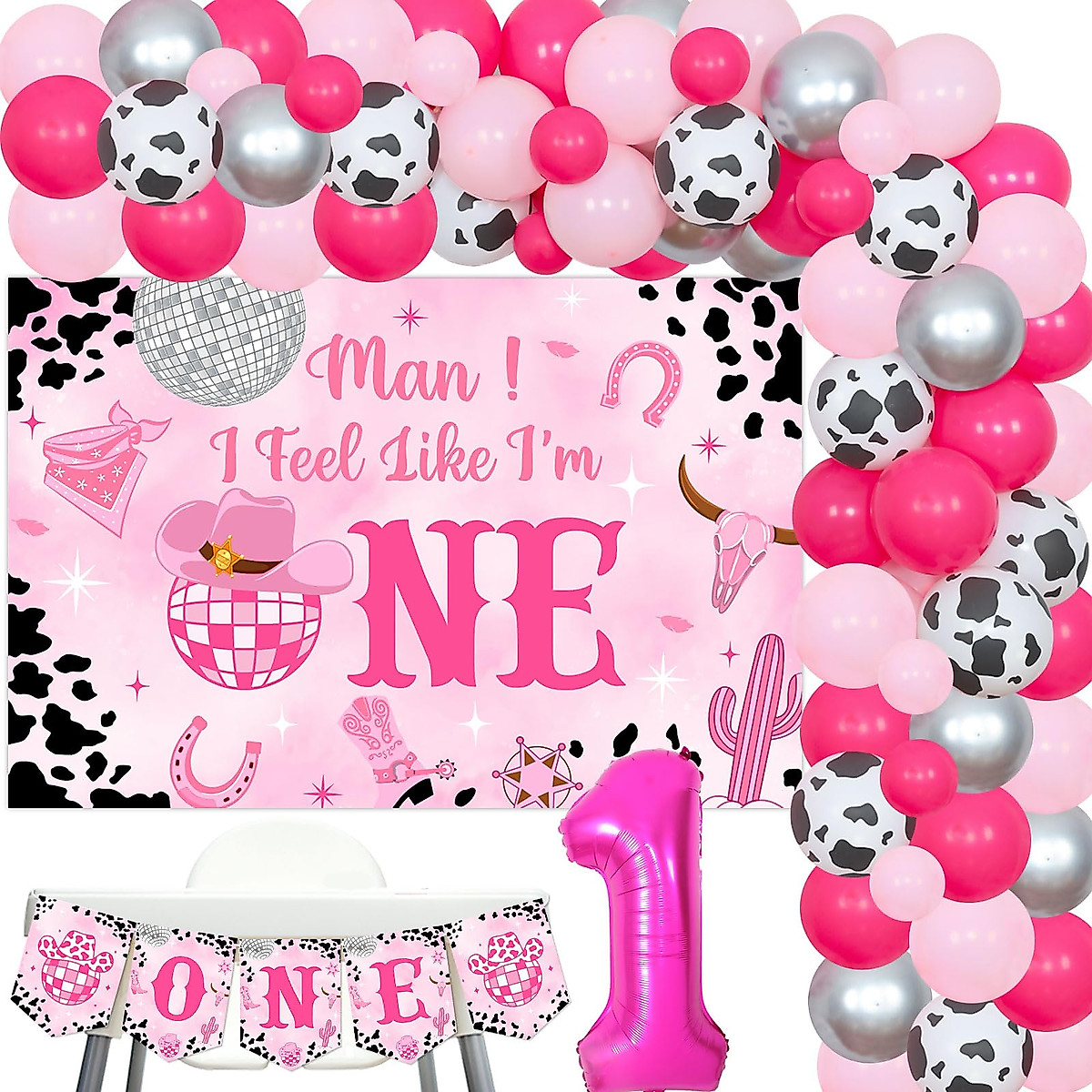 kreat4joy Disco Cowgirl 1st Birthday Decorations, Man I Feel Like I'M One Party Decorations Backdrop, Western Hot Pink Balloons Garland Arch Number 1 Foil Balloon One High Chair Banner for First Rodeo
